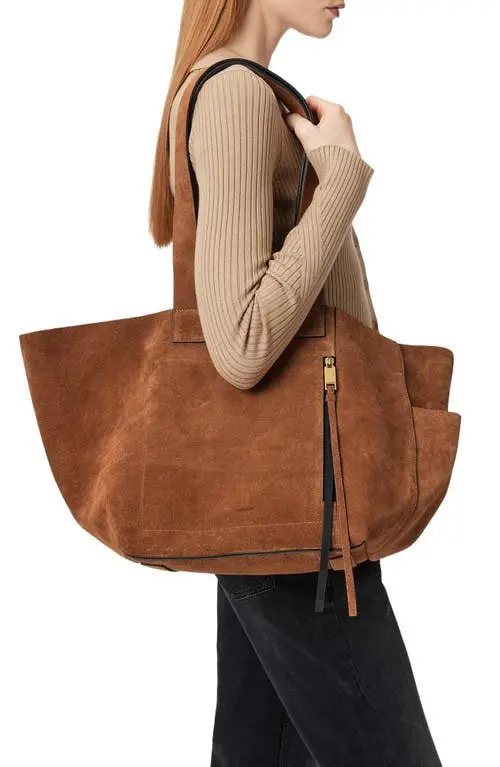 ALLSAINTS Alba Suede East/west Tote - Cognac Brown
