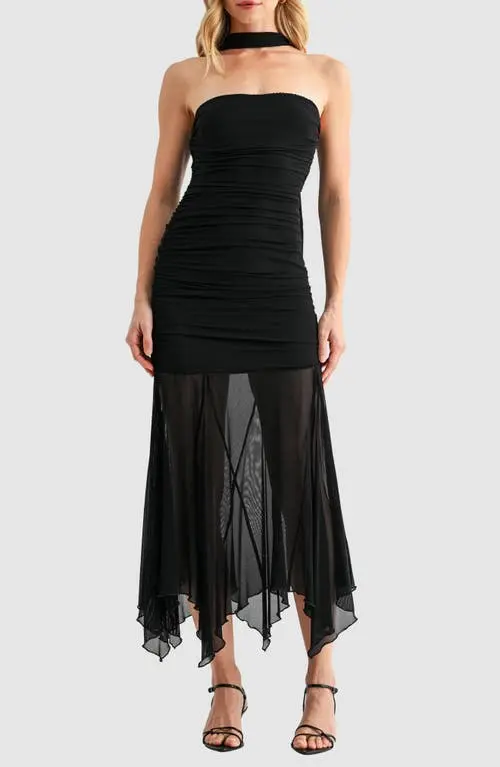ALL IN FAVOR Ruched Drop Waist Midi Dress With Scarf - Black
