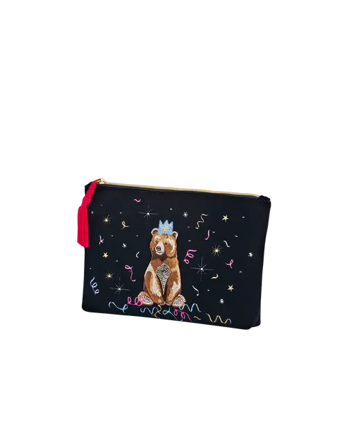 FABLE ENGLAND Party Bear Embroidered Medium Pouch - Midnight Blue