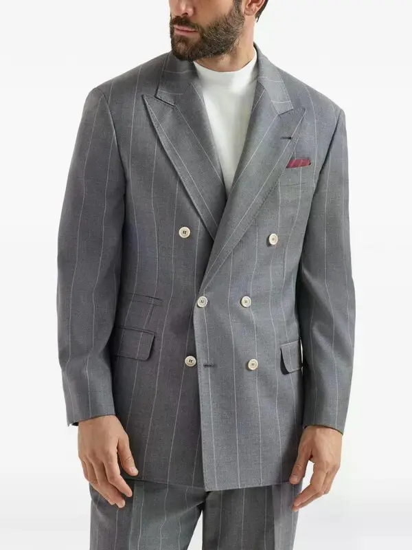 Brunello Cucinelli Virgin Wool Chalk Stripe One-and-a-half Breasted Tailor Blazer - Grey