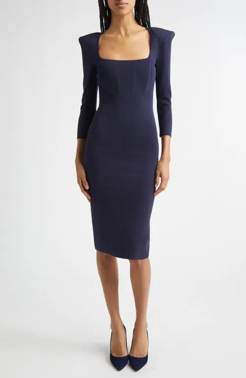 L'Agence Padded Shoulder Corset Knit Midi Dress