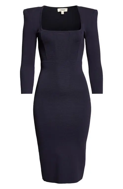 L'Agence Padded Shoulder Corset Knit Midi Dress