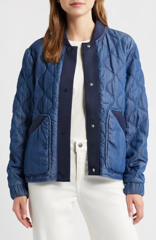 Bernardo Rib Trim Denim Quilted Liner Jacket - Denim Blue W Navy Scuba