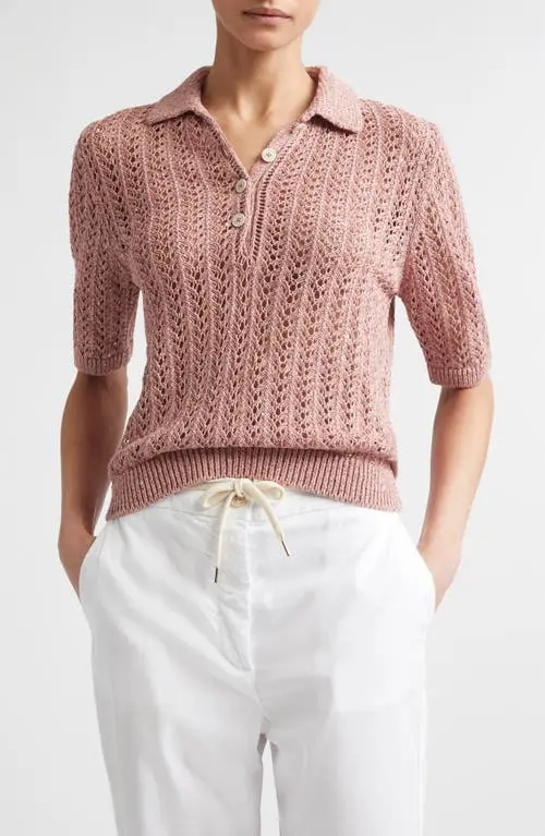 Eleventy Open Stitch Cotton & Linen Blend Polo - 174 Raspberry