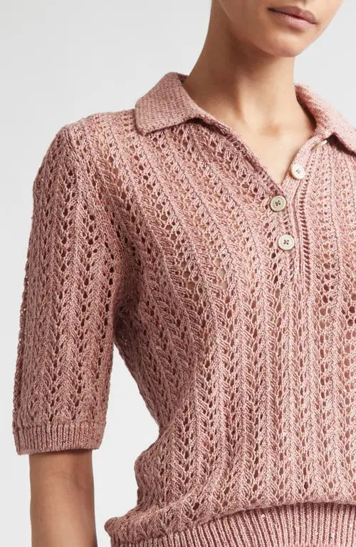 Eleventy Open Stitch Cotton & Linen Blend Polo - 174 Raspberry
