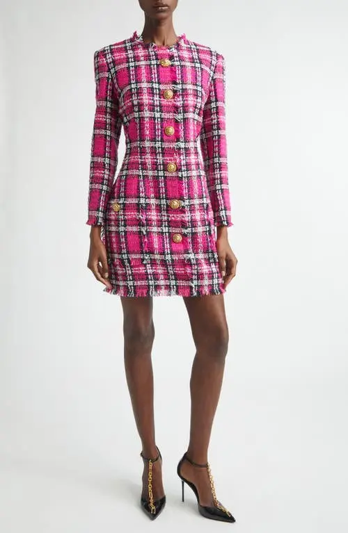 Balmain Long Sleeve Fringe Tweed Sheath Dress