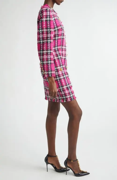 Balmain Long Sleeve Fringe Tweed Sheath Dress