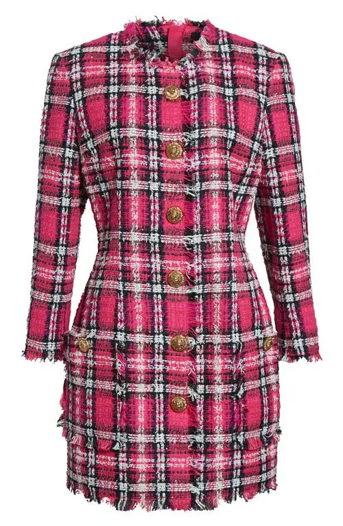 Balmain Long Sleeve Fringe Tweed Sheath Dress