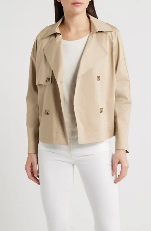 Anne Klein Short Double Breasted Cotton Blend Trench Coat - Ak Khaki