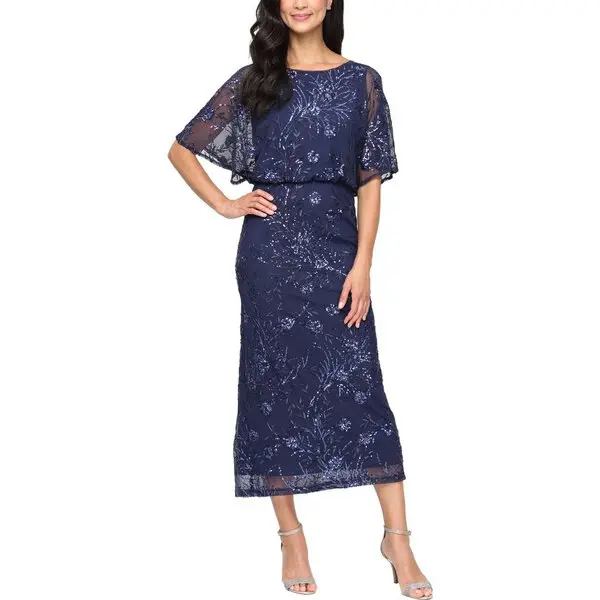 SL FASHIONS Sequin Blouson Bodice Gown - Navy