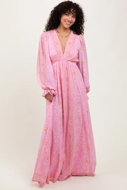 PINKBLUSH Paisley V-neck Maxi Dress - Pink