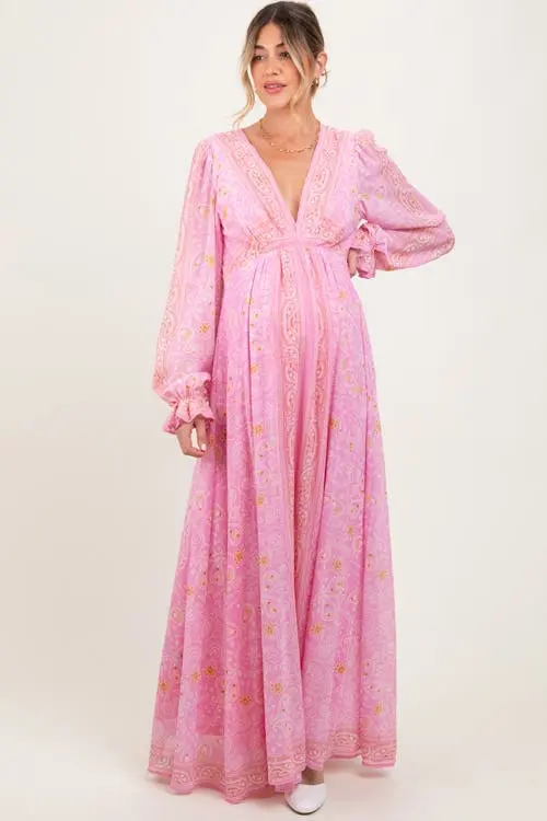 PINKBLUSH Paisley V-neck Long Sleeve Maxi Dress - Pink