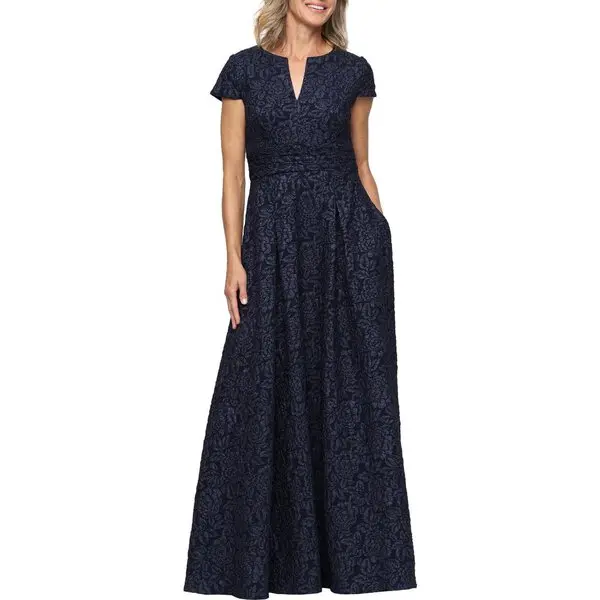 Alex Evenings Floral Jacquard Ballgown - Navy
