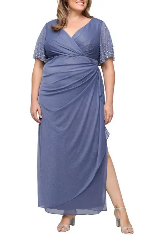 Alex Evenings Metallic Embellished Flutter Sleeve Cocktail Dress