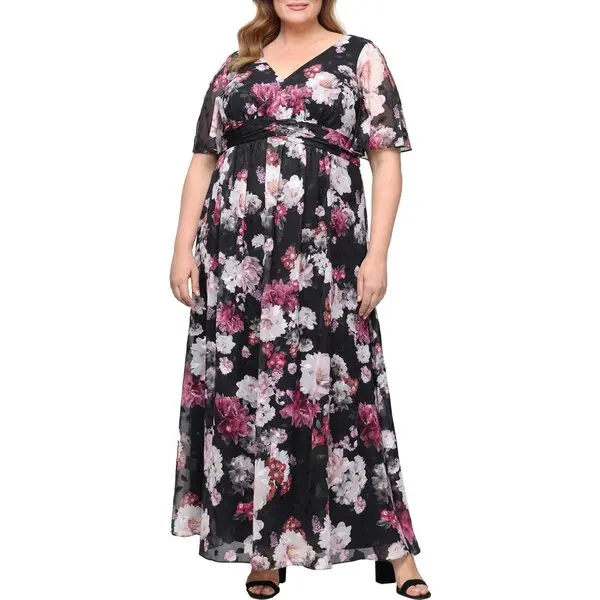 Alex Evenings Floral Burnout Chiffon Cocktail Dress