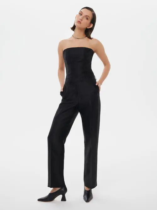 ALAS Tailored Silk Wool Straight-leg Pants - Black