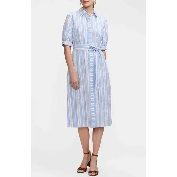 Foxcroft Esther Tie Waist Midi Shirtdress - Blue/multi
