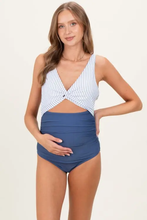 PINKBLUSH Striped Color Block Cutout Maternity Swimsuit - Ivory