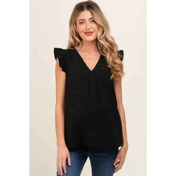 PINKBLUSH Swiss Dot Flutter Sleeve V-neck Top - Black