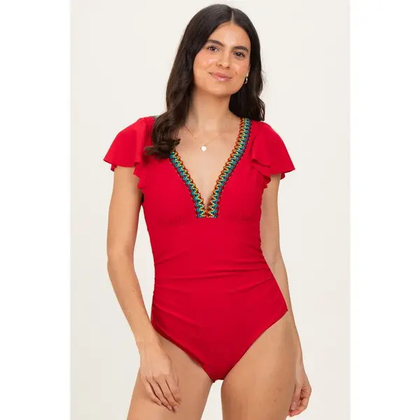 PINKBLUSH Crochet Accent One-piece Maternity Swimsuit - Red
