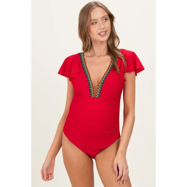 PINKBLUSH Crochet Accent One-piece Maternity Swimsuit - Red