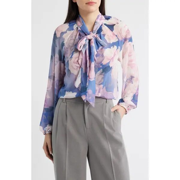 TAHARI ASL Floral Print Tie Neck Top - Blue Petal Floral
