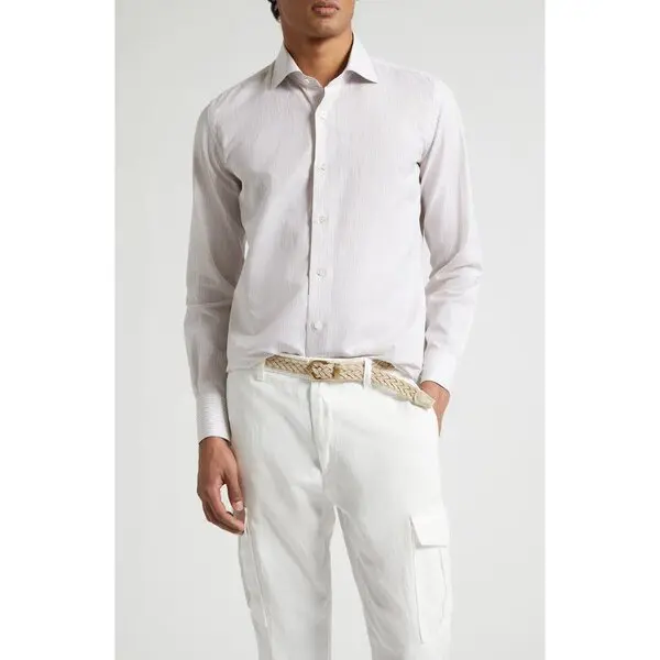 Eleventy Dandy Collar Stripe Cotton & Linen Button-up Shirt - Sand