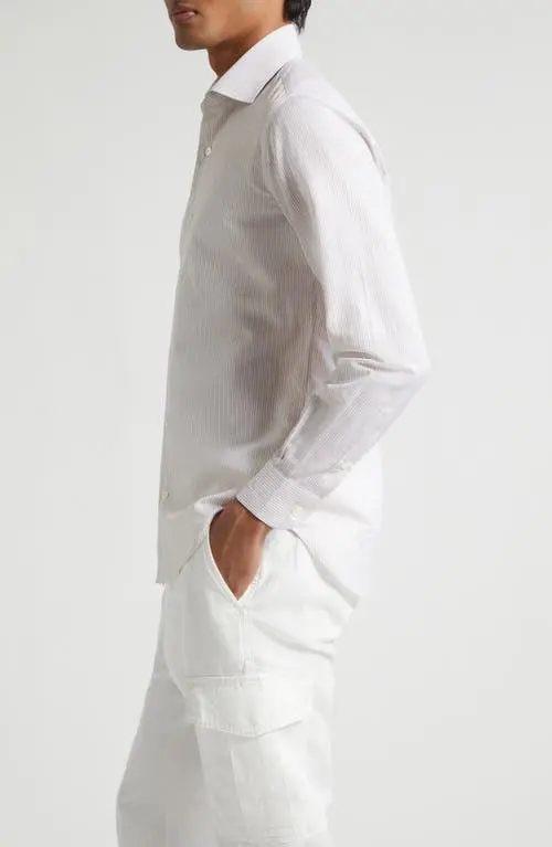 Eleventy Dandy Collar Stripe Cotton & Linen Button-up Shirt - Sand