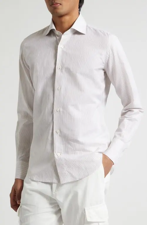 Eleventy Dandy Collar Stripe Cotton & Linen Button-up Shirt - Sand