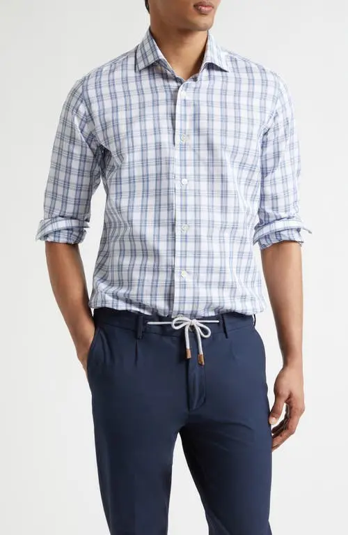 Eleventy Dandy Collar Check Cotton & Linen Button-up Shirt - 08 Denim
