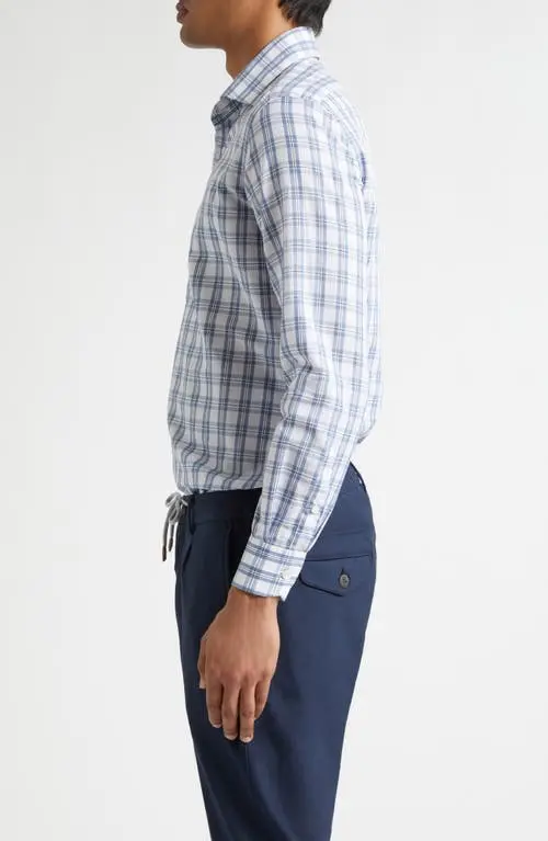 Eleventy Dandy Collar Check Cotton & Linen Button-up Shirt - 08 Denim