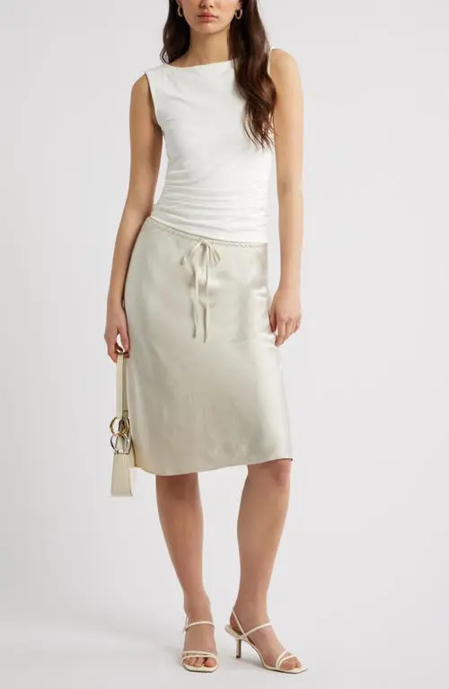 OPEN EDIT Satin Drawstring Knee Length Skirt - Ivory Dove