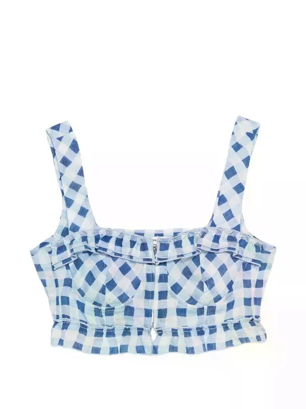 Sandro Gingham Ruffled Linen Crop Top - Blue