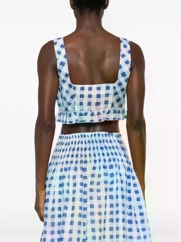Sandro Gingham Ruffled Linen Crop Top - Blue