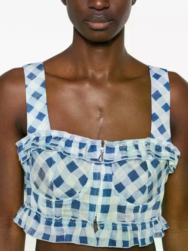 Sandro Gingham Ruffled Linen Crop Top - Blue