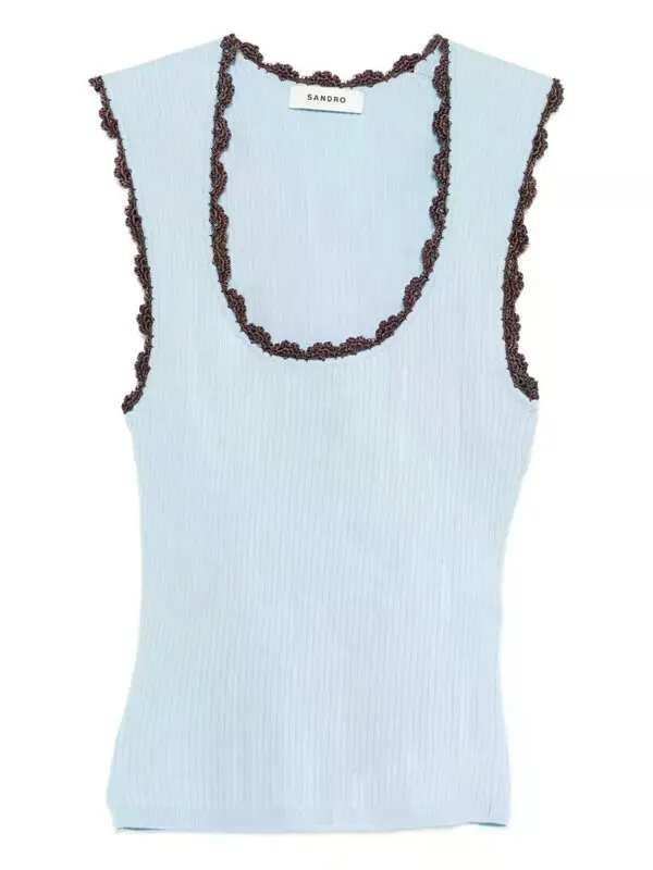 Sandro Sleeveless Ribbed Knit Top With Crochet Trim - Blue
