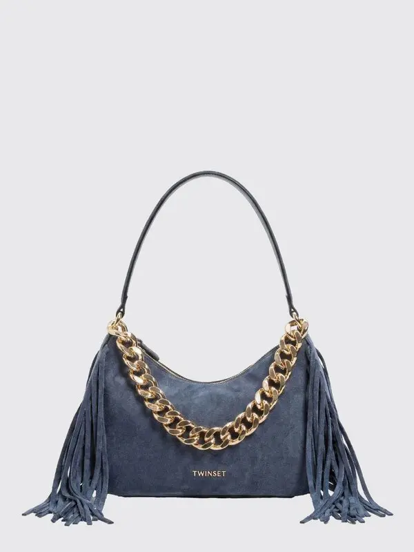 TWINSET Liliane Suede Fringed Bag With Metal Mesh Appliques - Navy