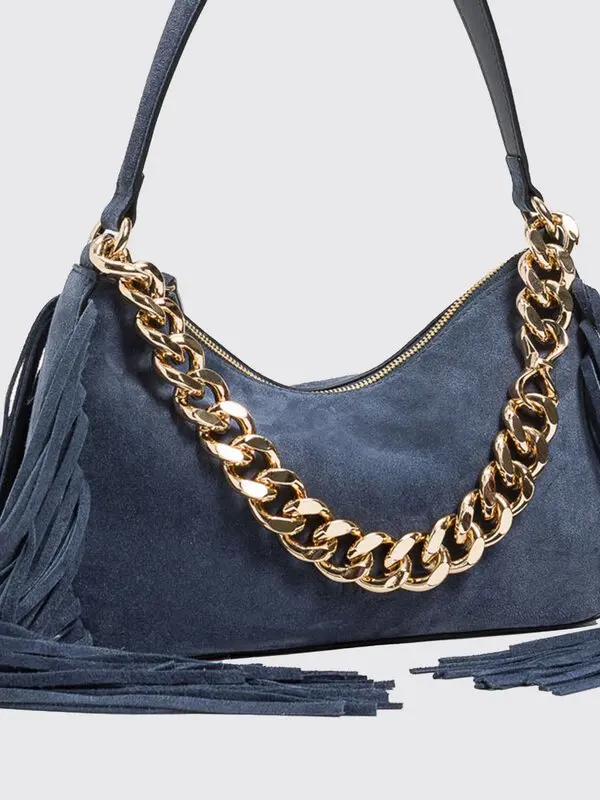 TWINSET Liliane Suede Fringed Bag With Metal Mesh Appliques - Navy