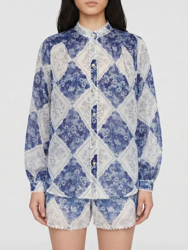 TWINSET Printed Ramie Mandarin Collar Long Sleeve Shirt