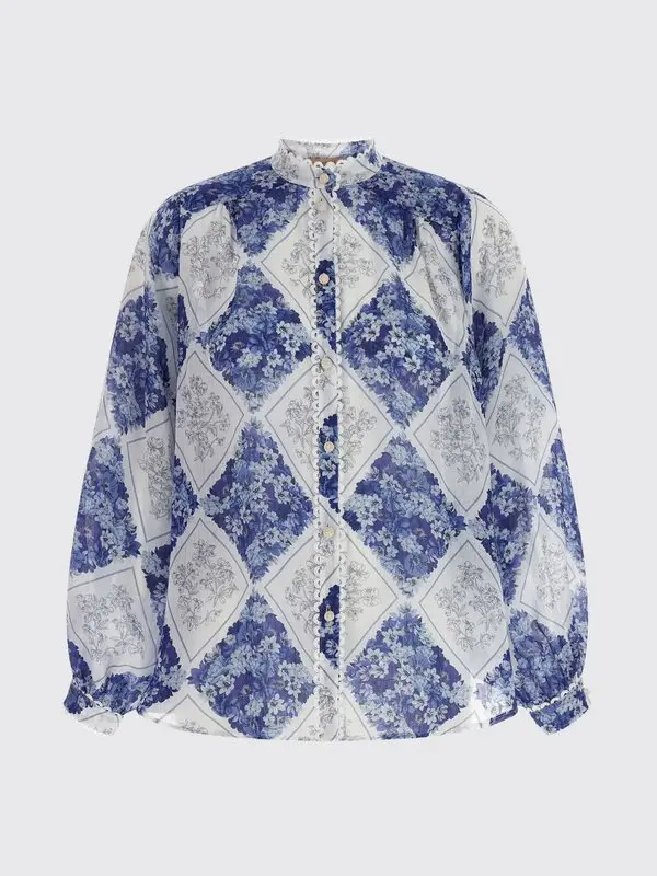 TWINSET Printed Ramie Mandarin Collar Long Sleeve Shirt