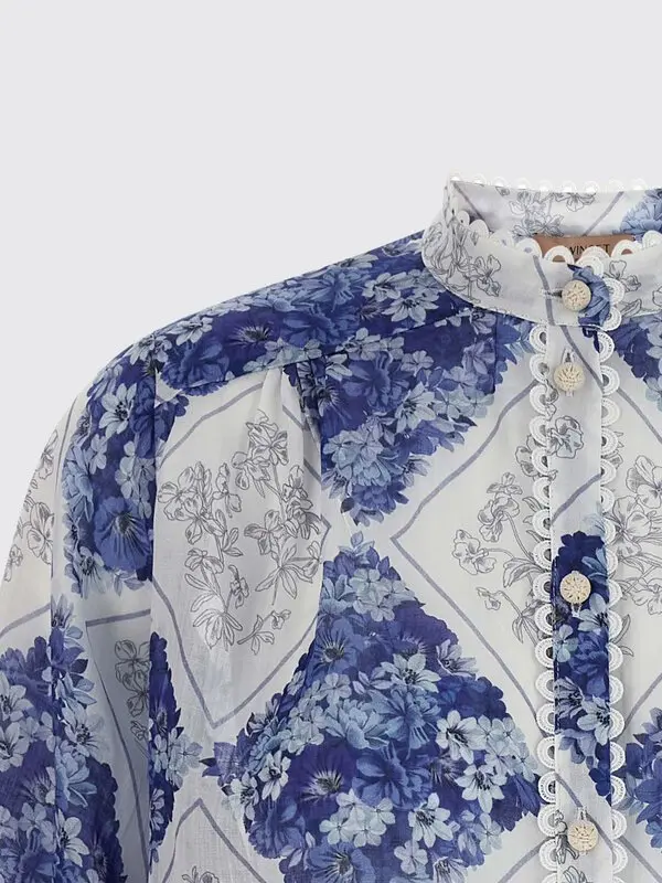 TWINSET Printed Ramie Mandarin Collar Long Sleeve Shirt