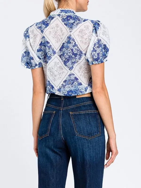 TWINSET Ramie Floral Print Shirt With Rhinestone Embellishments - Blue