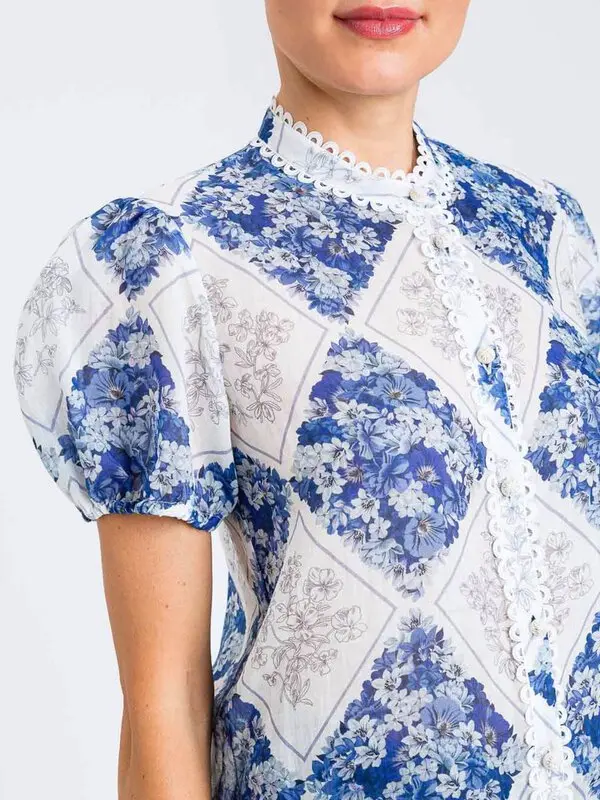 TWINSET Ramie Floral Print Shirt With Rhinestone Embellishments - Blue
