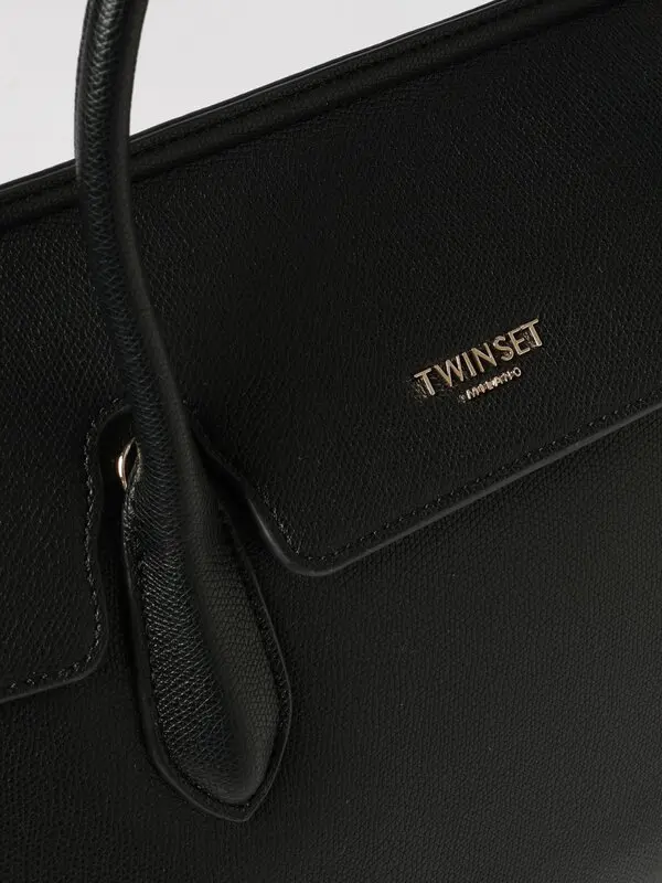 TWINSET Grained Faux Leather Top Handle Bag With Adjustable Shoulder Strap - Black