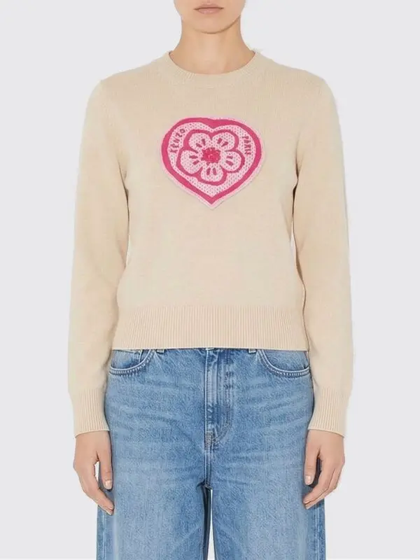 Kenzo Cotton And Wool Crew Neck Knit Top With Boke Heart Logo - Beige