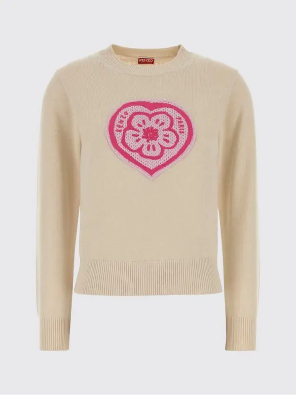 Kenzo Cotton And Wool Crew Neck Knit Top With Boke Heart Logo - Beige