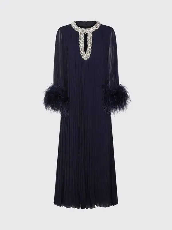 SELF-PORTRAIT Embellished Feather Cuff Pleated Chiffon Maxi Dress - Blue