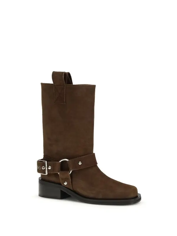 GANNI Suede Biker Boots - Coffee