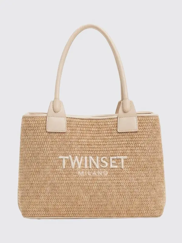 TWINSET Raffia Shoulder Bag With Embroidered Logo