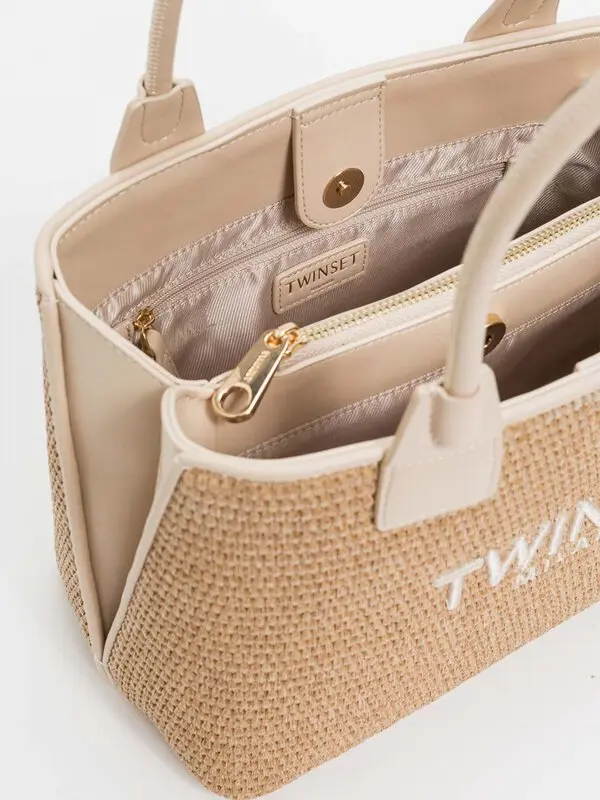 TWINSET Raffia Shoulder Bag With Embroidered Logo